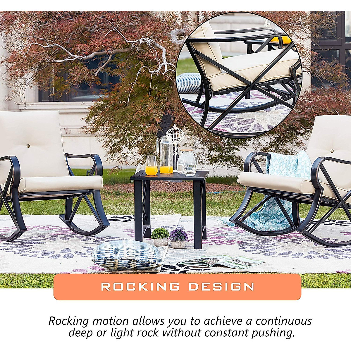 LOKATSE HOME 3-Piece Outdoor Patio Rocking Steel Furniture Bistro Set with 2 Rocker and 1 Metal Square Coffee Table(Khaki Thickened Cushion)