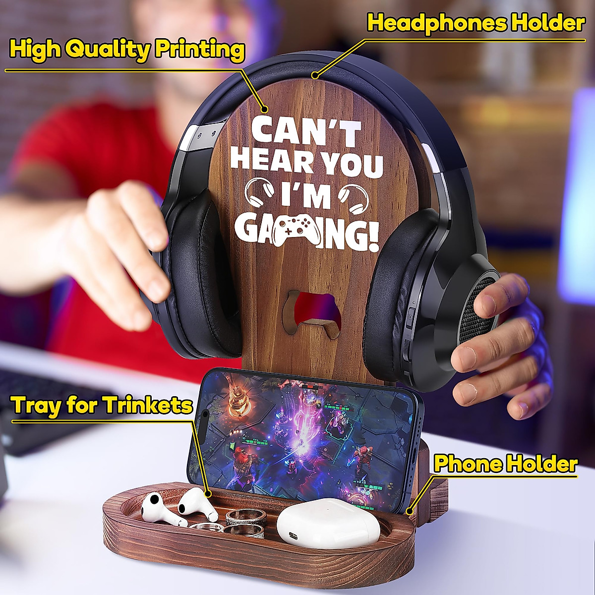 Slothoem-Gamer Gifts for Teenage Boy, Gamer Room Decor for Man, Best Gifts for Son, Boyfriend, Husband, Gamer Room Accessories Stuff, Wooden Gaming Headset Stand - Can't Hear You I'm Gaming