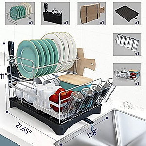 Dish Drying Rack Dish Drainers for Kitchen Counter with Drainboard 2 Tier Durable Stainless Steel Dish Rack and Drainboard Set with Glass Holder Cutting Boards Holder Easy Installation