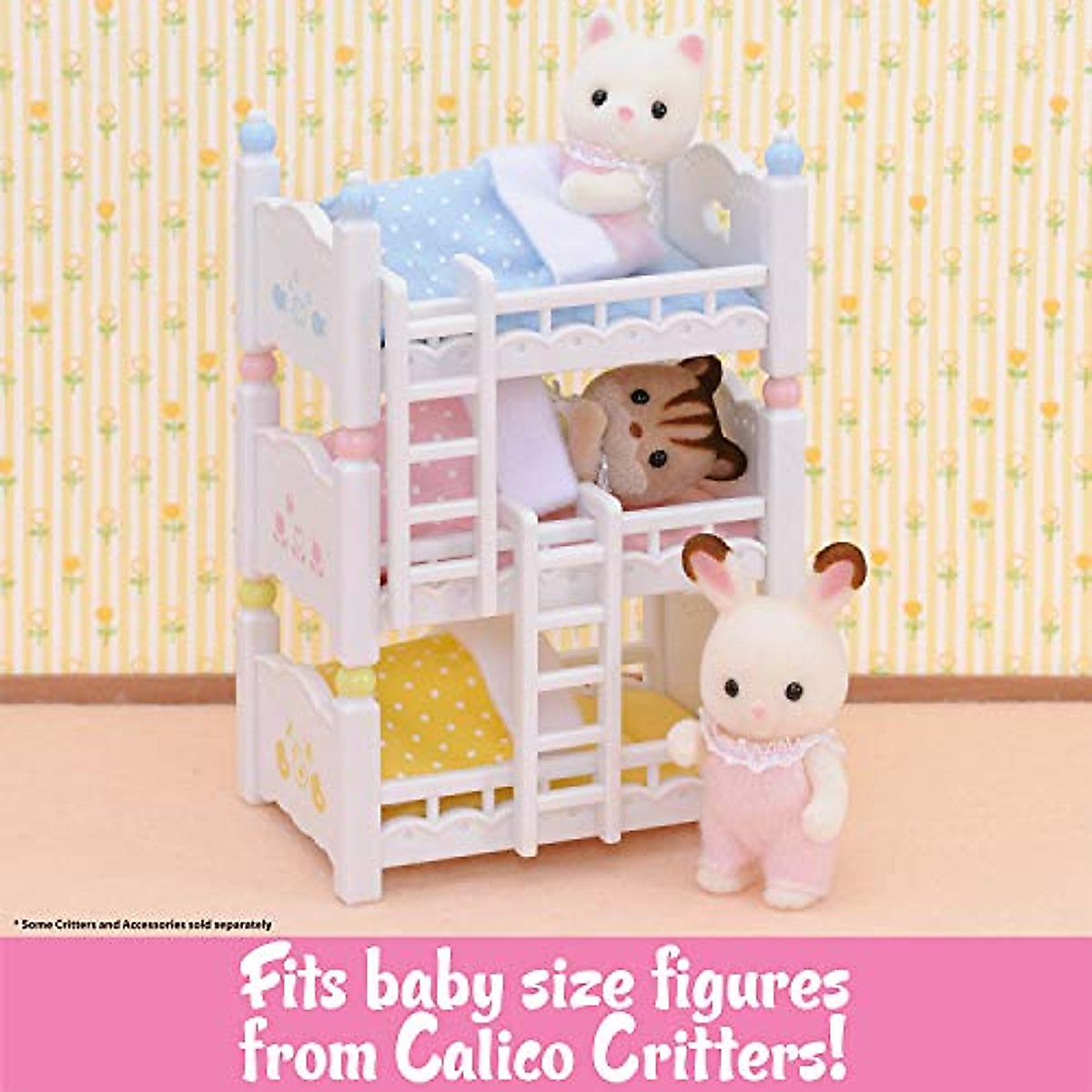 Calico Critters Triple Baby Bunk Beds, Dollhouse Toy Furniture, Multicolor, basic (CC2624), Set includes three beds, three mattresses with pillows, three blankets and two ladders