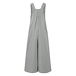 Sdeycui Womens Ethnic Style Solid Pocket Loose Romper Wide Leg Suspender Jumpsuit(Gray, M)