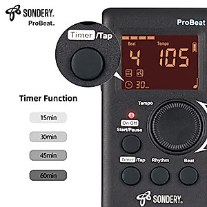 Sondery Digital Metronome for Guitar Piano Drum and All Instruments with Timer, English Vocal Counting and 3 Different Sounds with Earphone Jack and Flashing Light, Loud Volume, Rechargeable