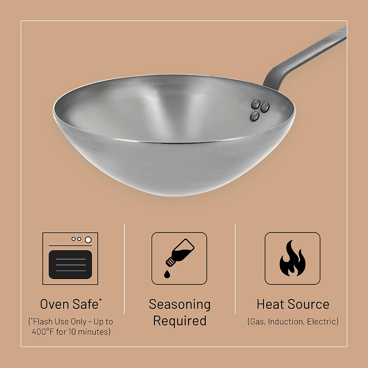 de Buyer MINERAL B Carbon Steel Wok Pan - 11” - Ideal for Steaming, Stir Frying & Deep Frying - Naturally Nonstick - Made in France