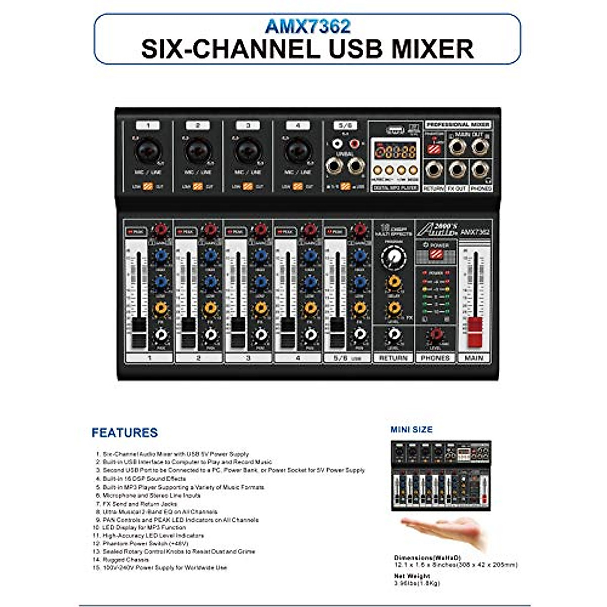 Audio2000'S AMX7362 Six-Channel Audio Mixer with USB 5V Power Supply, USB Interface, and Sound Effect