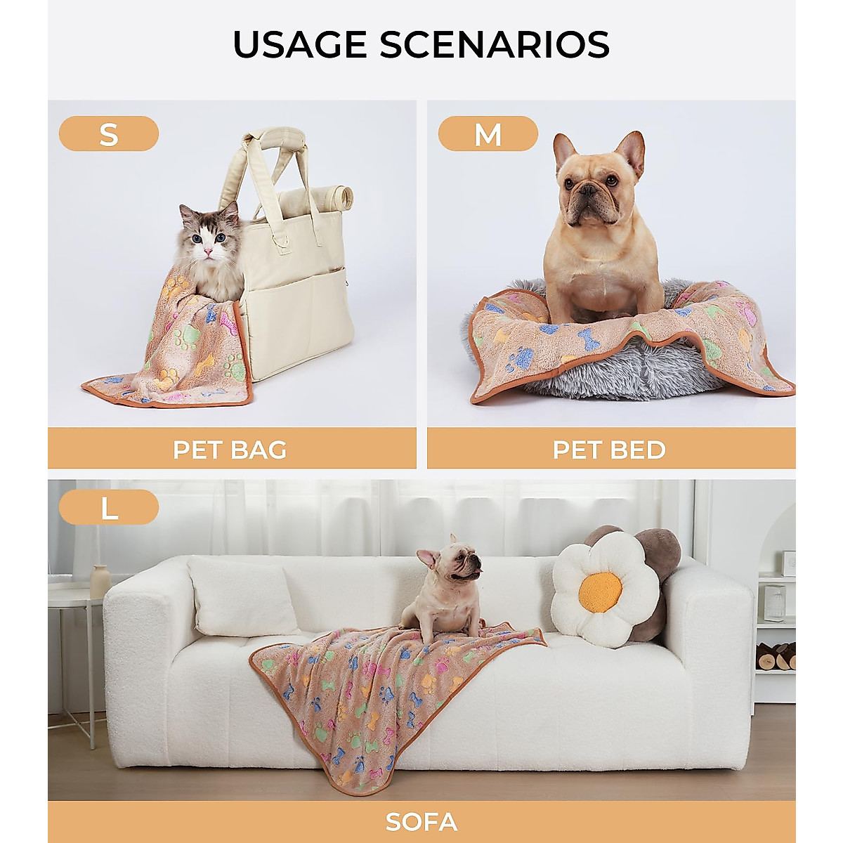 1 Pack 3 Blankets Super Soft Fluffy Cute Bone Pattern Pet Blanket Flannel Throw for Dog Puppy Cat Pink/Brown/Purple Large