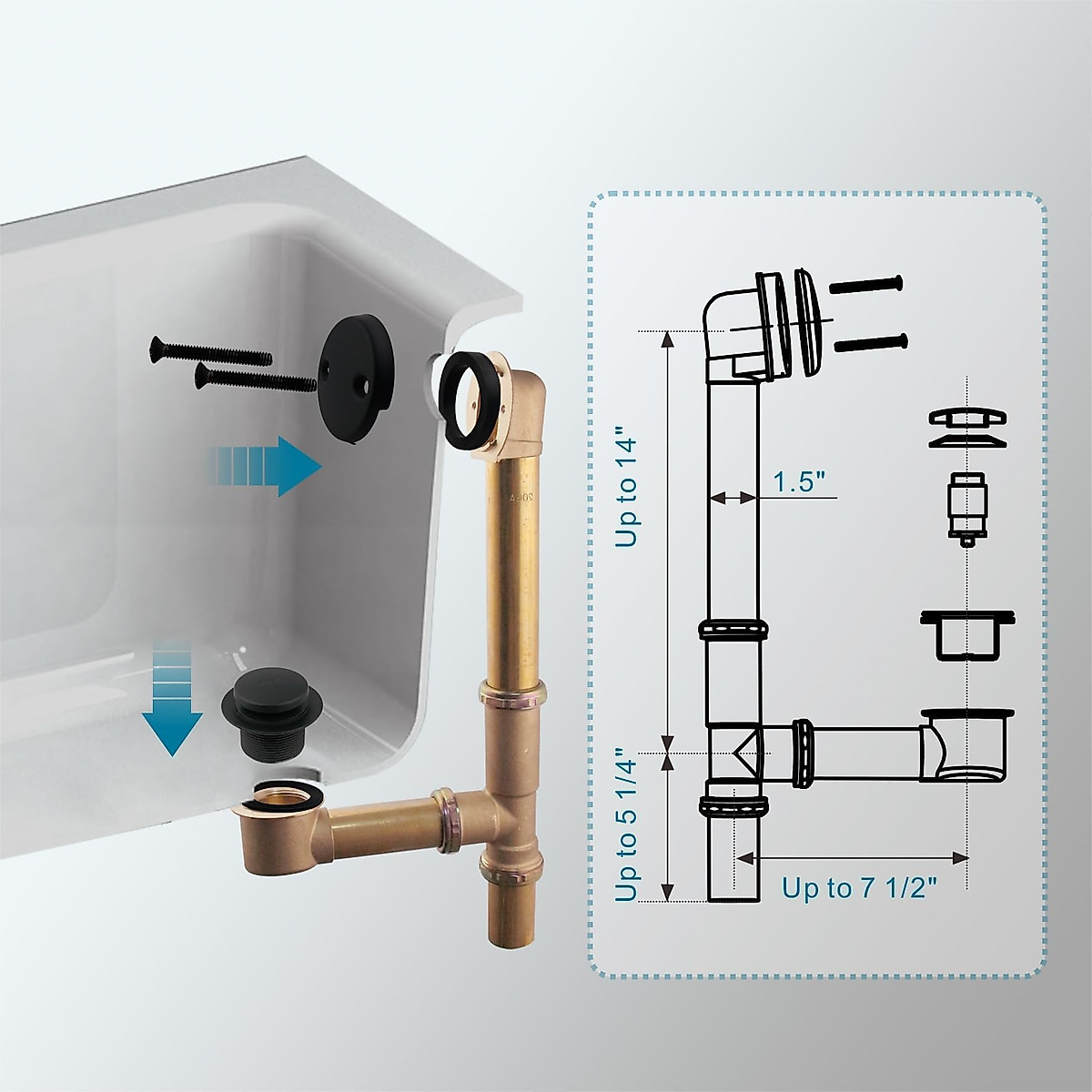 Black Tubular Tub Drain Kit 1-1/2" Brass Pipe with Tip-Toe Bathtub Drain Stopper, Touch-Toe Bath Plug Waste and Overflow, Welsan Assembly Replacement Set(Matte Black)