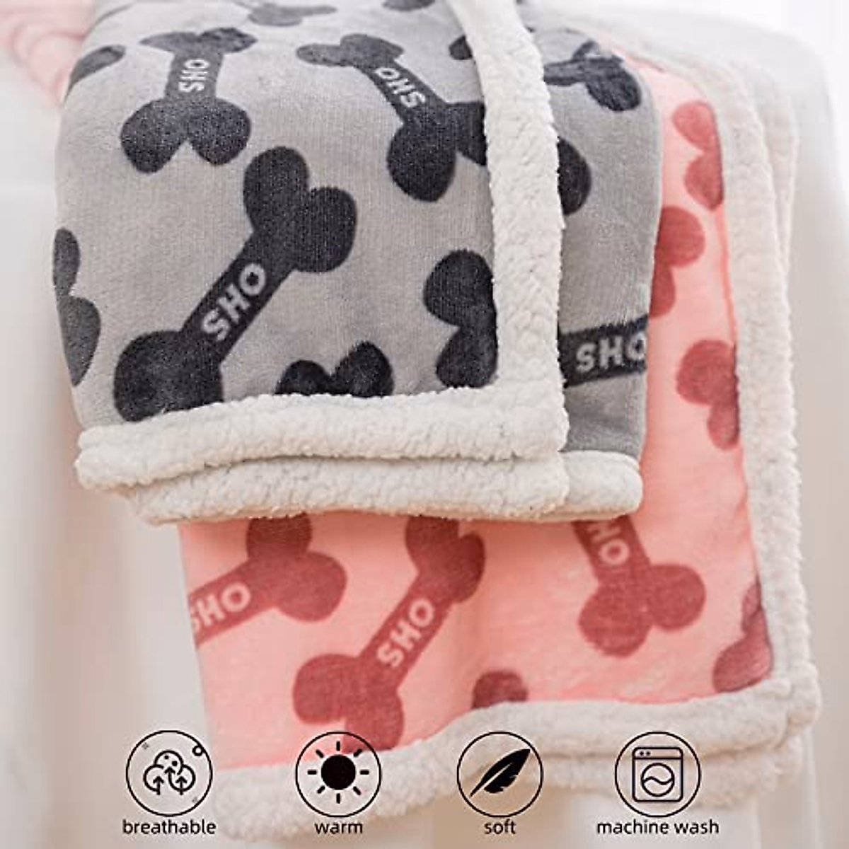 WIN WM MORE Dog Blankets 2 Pack Flannel Fleece Sherpa Puppy Throw Blankets Bulk 30x43 Inch Warm Sleeping Ultra Soft Bone Printed Plush Fluffy Paw Mat for Pet Couch Bed, Grey and Pink