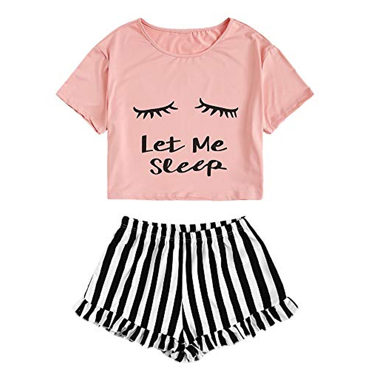 WDIRARA Women's Sleepwear Closed Eyes Print Tee and Shorts Cute Pajama Set Pink XS