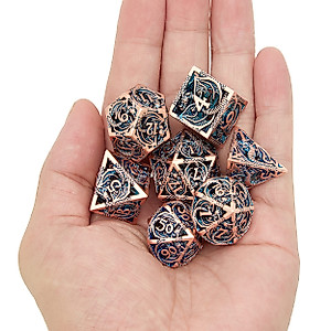 Hollow Metal DND Game Dice Dragon Shaped Blue and Copper Numbers 7Pcs Set for Dungeons and Dragons RPG MTG Table Games D&D Pathfinder Shadowrun and Math Teaching(with Metal case)