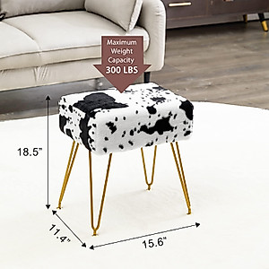 LUE BONA Modern Mink Square Footstool Vanity Bench, Cow Print Furry Faux Fur Stool with Gold Legs, Comfy Vanity Chair Ottoman Bench, Makeup Stools for Vanity, Fluffy Footrest for Bedroom, Living Room