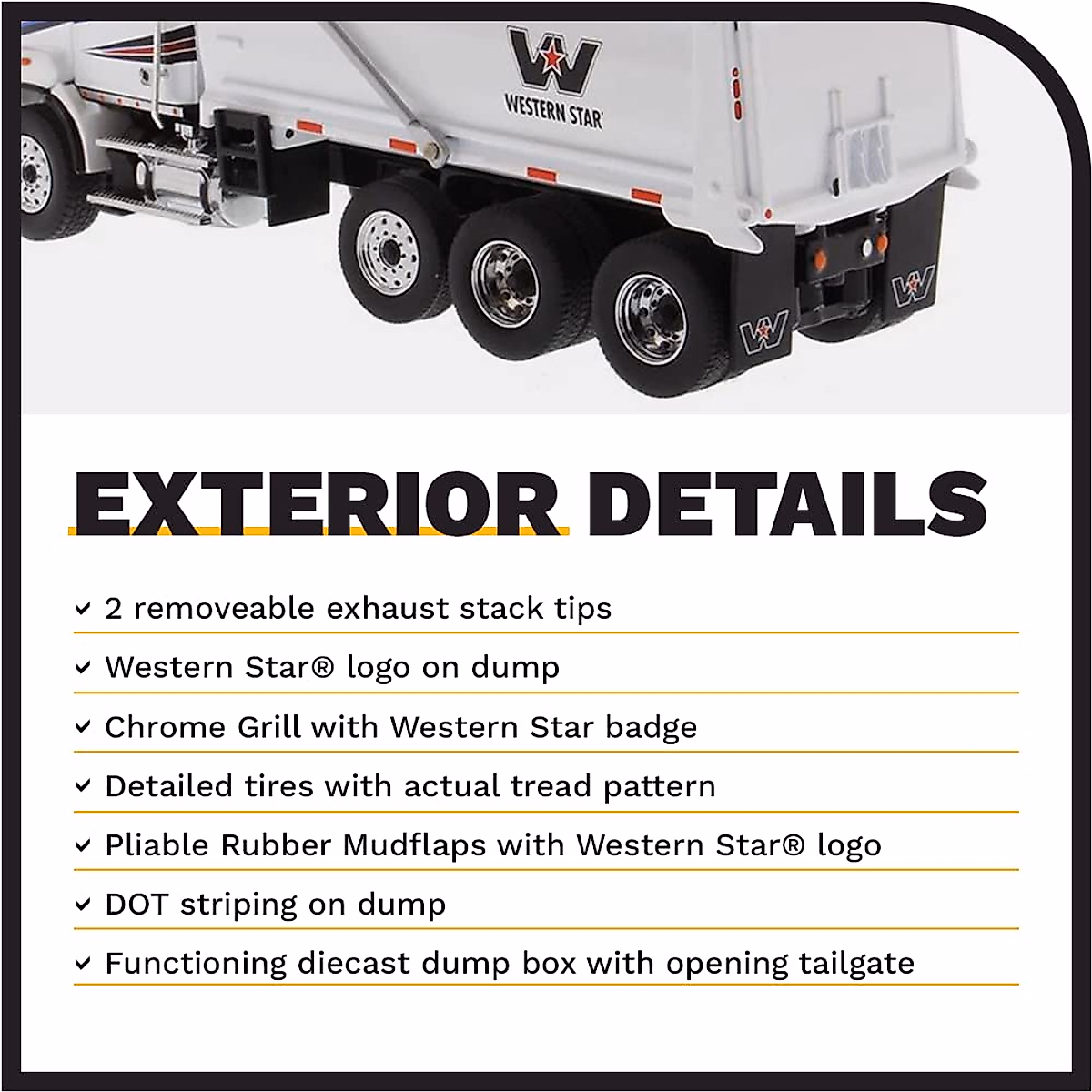 Diecast Masters Western Star 4700 SB Dump Truck - White | Real Truck Specifications, Tandem with Lift Axle and Dump | 1:50 Scale Model Semi Trucks | Diecast Model 71034