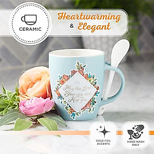 Christian Art Gifts Scripture Coffee and Tea Mug with Ceramic Spoon Set for Women: May the Lord Bless You - Numbers 6:24 Inspirational Bible Verse Hot & Cold Beverages, Light Teal/White Floral, 12 oz.