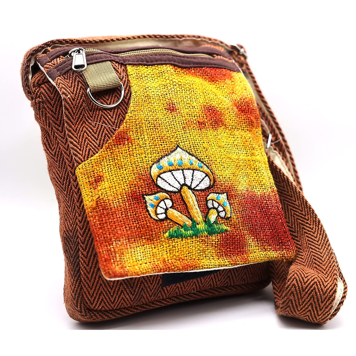 Himalaya Handmade Unique design Mushroom Embroidery Hemp Hobo Passport crossbody bag Festival Travel Bag 100% Himalaya Hemp FAIR TRADE Orange