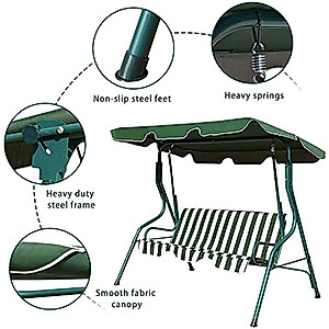 Hysache 3-Seater Canopy Swing Chair, Waterproof Outdoor Swing Cushioned Seat with Adjustable & Removable Canopy, Steel Frame Polyester Fabric Oxford Cloth Patio Hammock Cover Top (Green)
