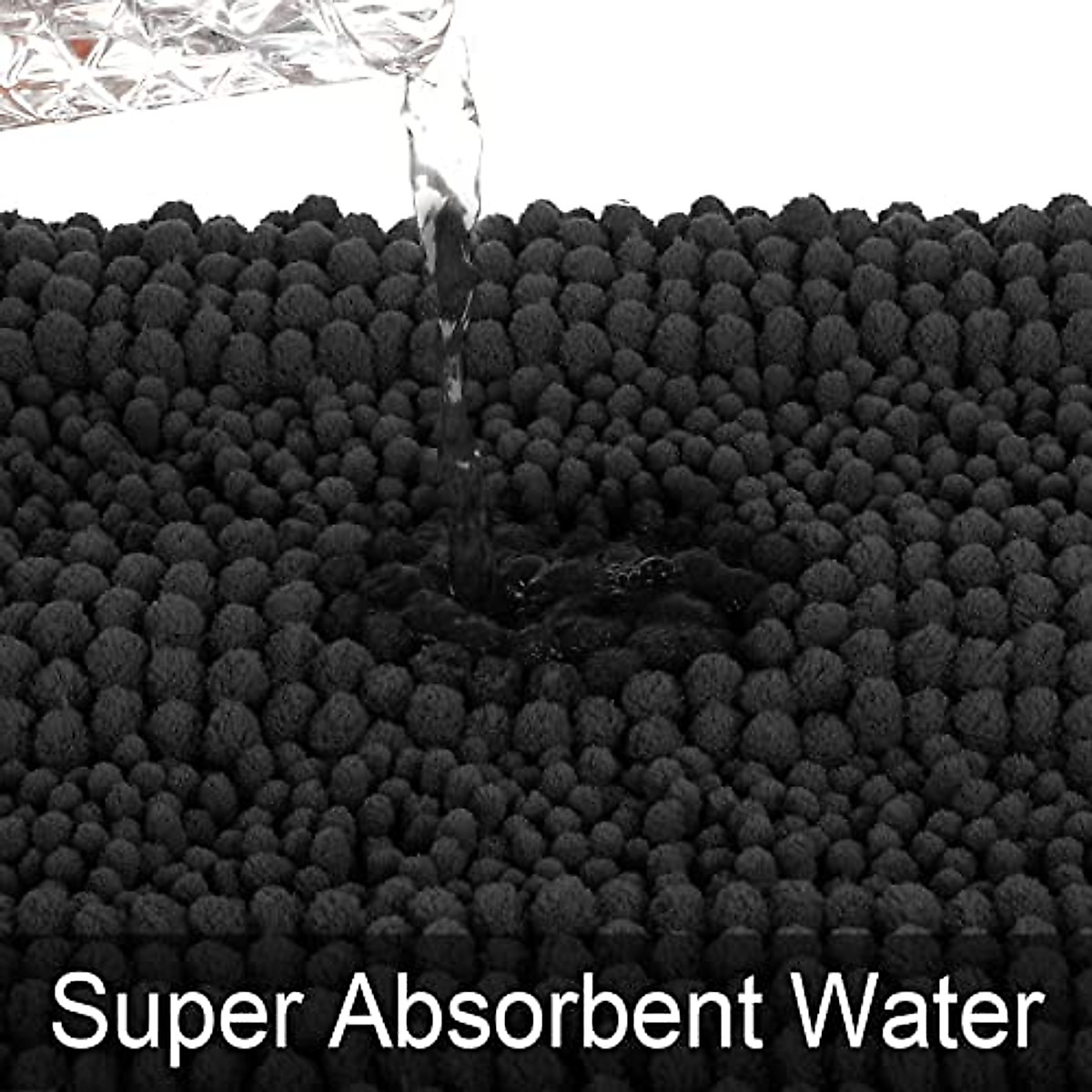 Yimobra Luxury Chenille Shaggy Bathroom Rug Set, 2 Pack Soft Fluffy Plush Bath Mat, Extra Thick, Non-Slip, Water Absorbent, Machine Washable, Bath Mats for Bathroom (Black, 20" x 32"+17" x 24")