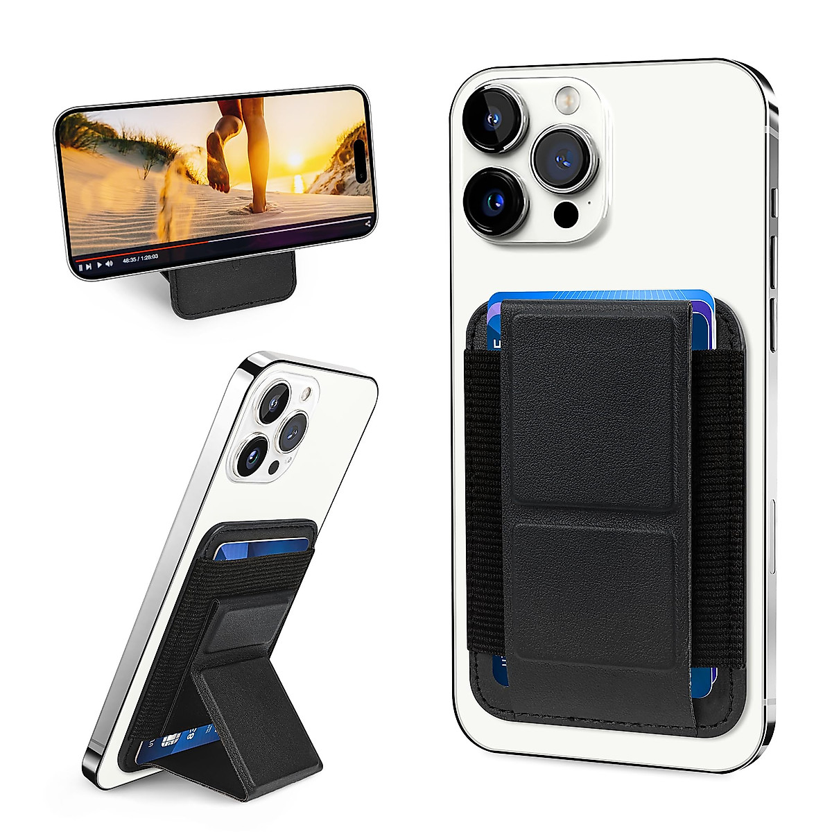 Morojular Magnetic Wallet, MagSafe Wallet Stand for iPhone 16/15/14/13/12 Series, RFID Blocking Magnetic Card Holder, Vegan Leather, Fit 6 Cards (Black)