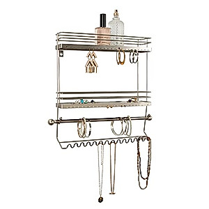 Home Details Wall Mounted Jewelry Organizer | Dimensions: 14.6"x 3.9"x 15.6" | 2 Tier Mirror | Home Organization | Great for Bracelets | Necklaces | Earrings | Mirror Based Shelf | Satin Finish