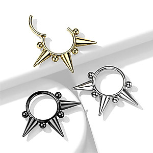 Pierced Owl 16GA Precision All 316L Stainless Steel Spikes and Balls Hinged Segment Ring (Black)