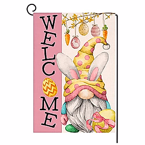Easter Gnome Garden Flag 12x18 Vertical Double Sided Welcome Spring Easter Eggs Farmhouse Holiday Outside Decorations Burlap Yard Flag BW246