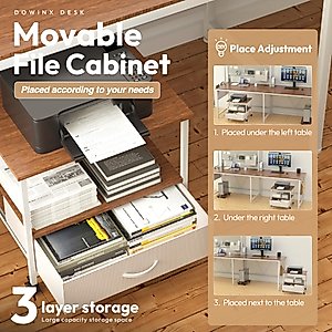 Dowinx L Shaped Desk with Pegboard and Removable Filing Cabinet, Reversible 67” Computer Gaming Desk with Power Outlet and Led, Office Corner Desk with Storage for Home Game, Brown