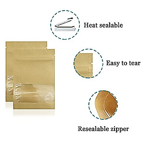 100 Pack (Inner Size 2.36x2.36inch) Clear Window Airtight Brown Kraft Paper for Zip Food Storage Lock Small Bags Reclosable Seal Zipper Resealable Heat Seal Pouch Coffee Packaging