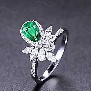 Gorgeous Natural Emerald Gemstone Pear Cut Diamond Solid 14K White Gold Engagement Wedding Promise Ring for Women
