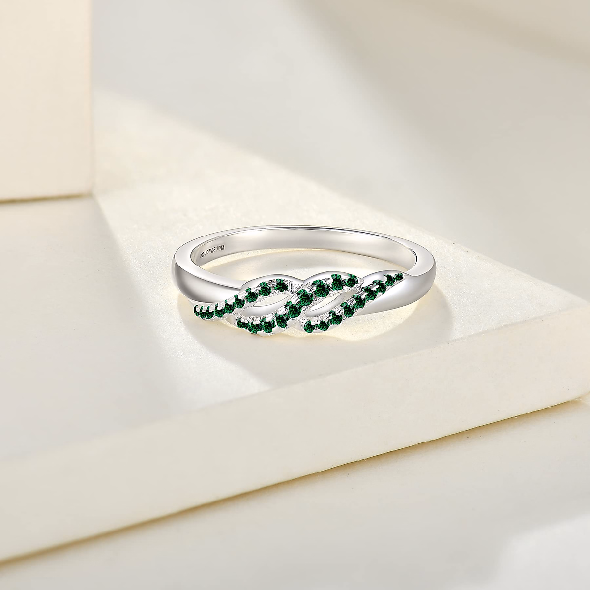 STARCHENIE Sterling Silver Rings Crisscross Crosscover Wave Rings for Women size7 Emerald color