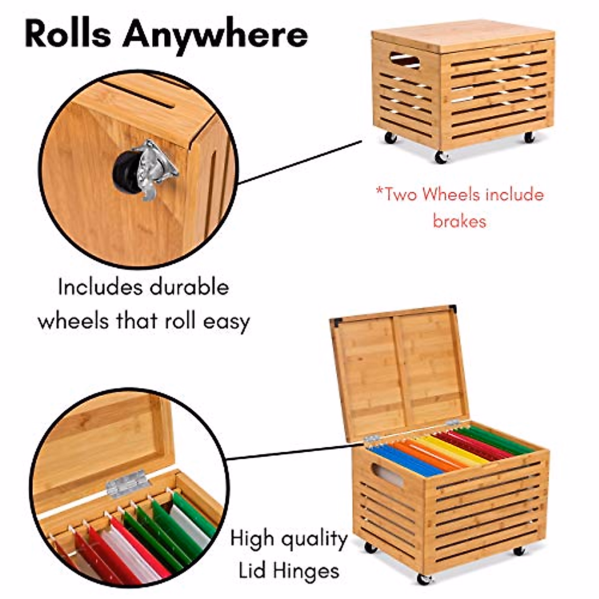 BirdRock Home Rolling File Storage Organizer Box with Lid (NEW VERSION) - Bamboo - Decorative Wood Hanging Filing & Storage Office Box - Letter/Legal - Strong Durable - Toys Blankets Binders - Natural