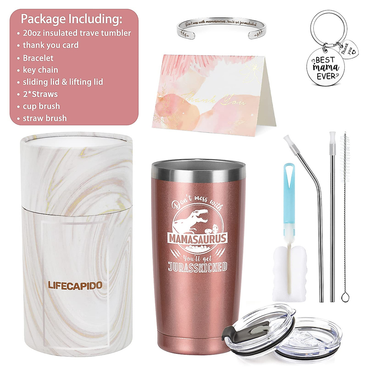 Lifecapido Gifts for Mom - Don't Mess with Mama Saurus 20oz Tumbler, Mamasaurus Insulated Tumbler with Lids - Mom Gifts from Daughter Son for Birthday Christmas Mother's Day, Rose Gold