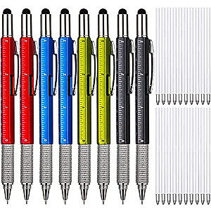 Zhanmai 8 Pcs Gift Pen for Men 6 in 1 Multitool Tech Tool Pen Screwdriver Pen with Ruler, Levelgauge, Ballpoint Pen, Pen Refills (Red, Green, Blue, Gray)