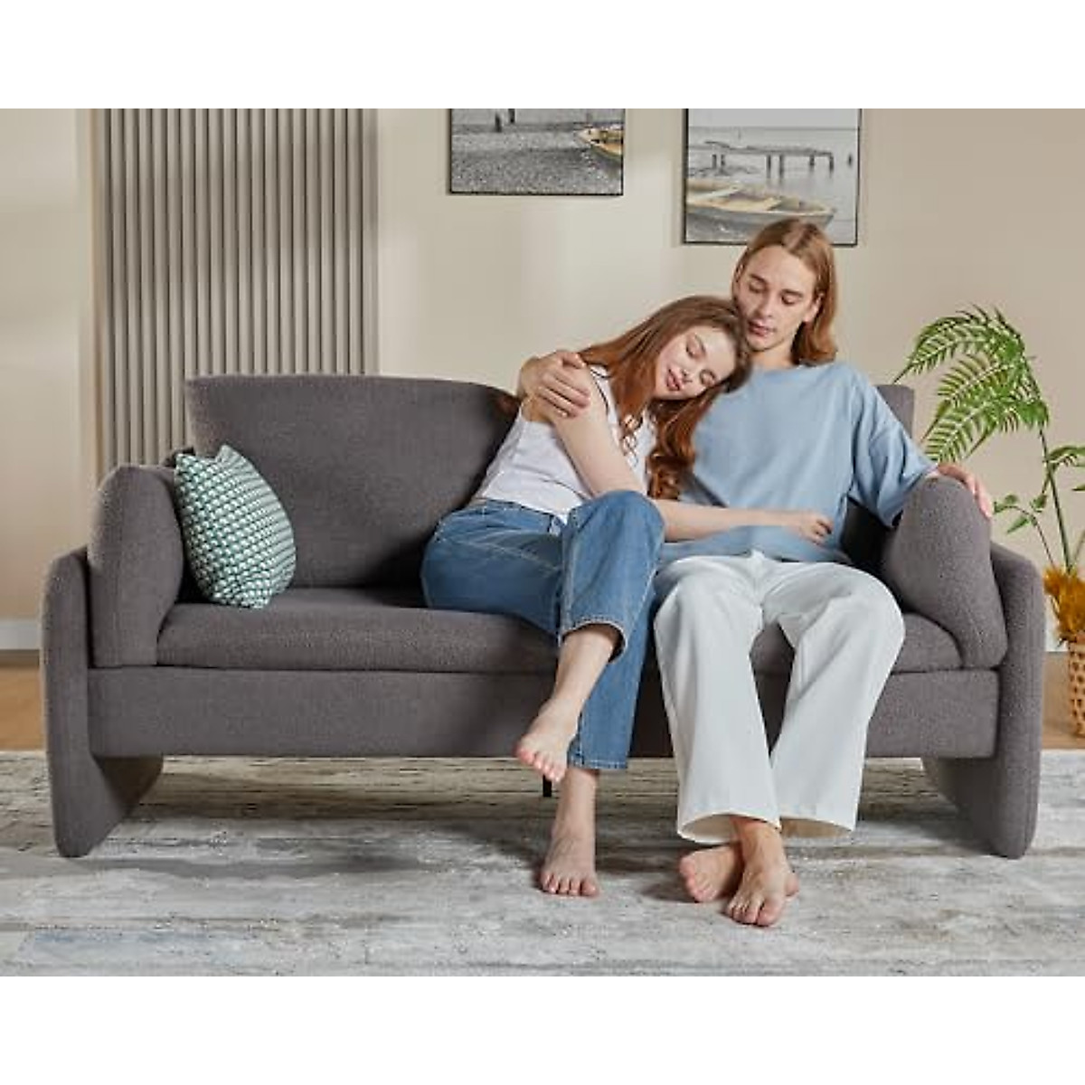 VanAcc Couch, Modern Sofa- Comfy Sofa Couches with Embedded Armrest, 3-Seater Couch for Living Room, Grey Bouclé