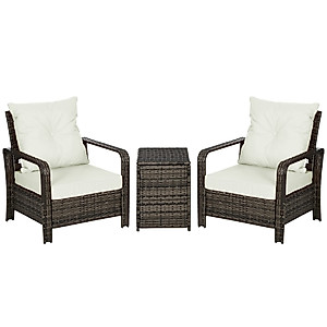 Outsunny 3 Piece Patio Furniture Set, PE Rattan Wicker Storage Table and Chairs w/Tufted Cushions for Outdoor Garden, Backyard, Poolside, Balcony, Beige