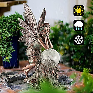 MIBUNG 13.2 Inch Large Fairy Angel Garden Statue Sculpture with Glass Ball Solar Lights, Bronze Fairy Elf Girl Outdoor Figurine Patio Yard Lawn Outside Decor, Housewarming Birthday Ornament Gift