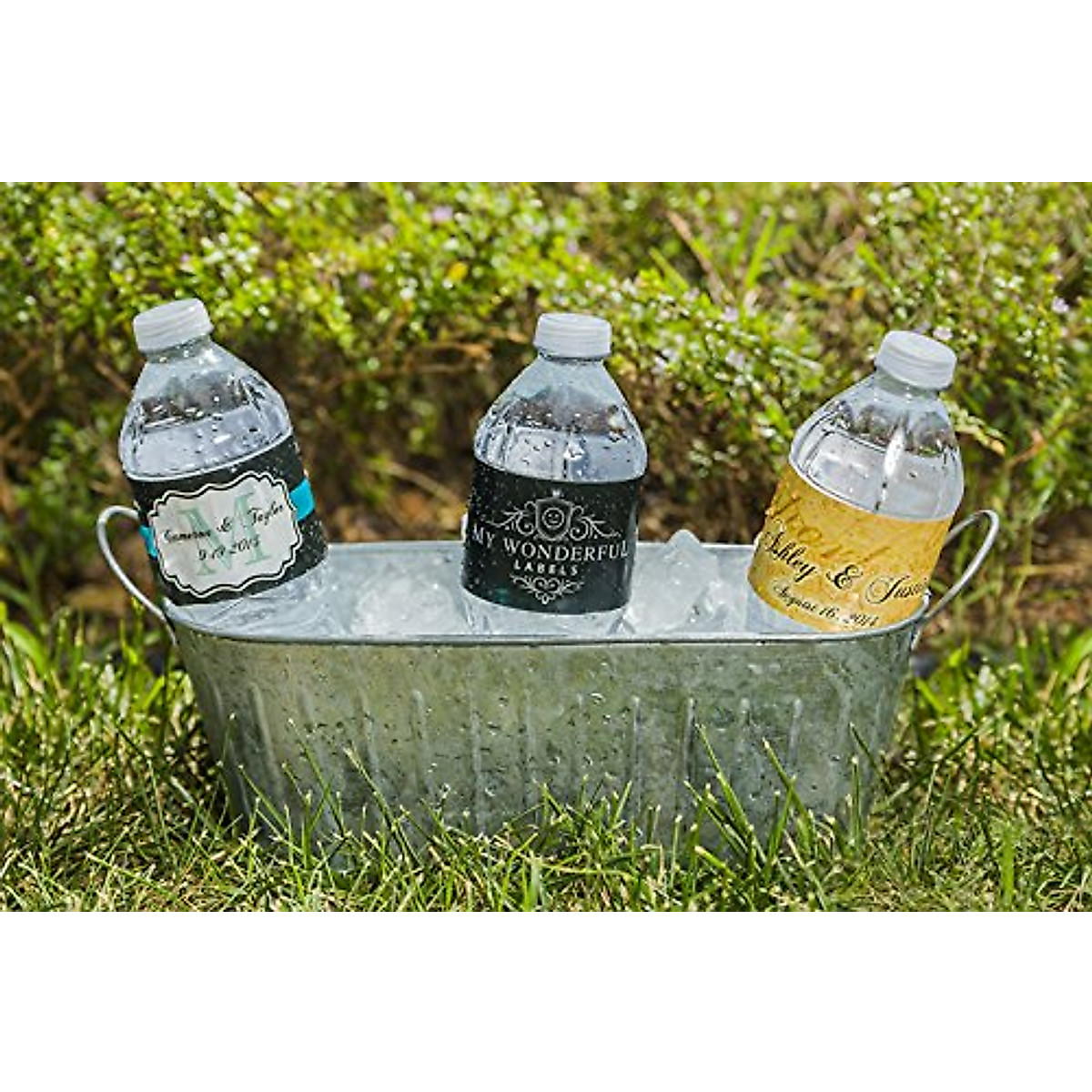 DesignThatSign 100 Gold Confetti On Navy Blue Wedding Anniversary Engagement Party Water Bottle Labels Bridal Shower