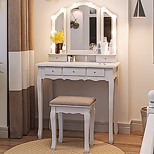 Tiptiper Vanity Table Set with Lighted Tri-Folding Mirror, Makeup Vanity with Lights & 3 Color Lighting Modes, Vanity Desk with Mirror and Cushioned Stool, Makeup Table with 5 Drawers, White