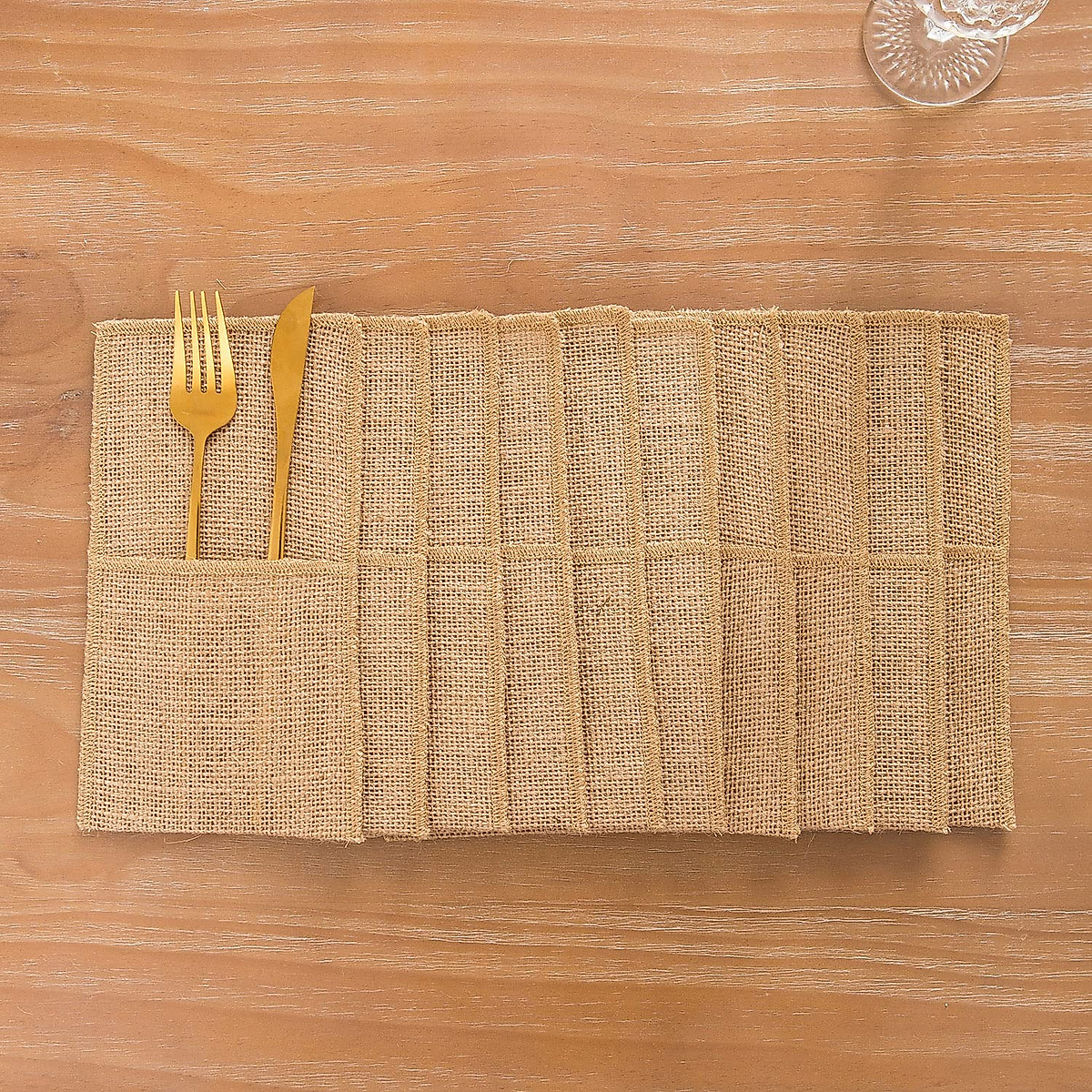 AOKQYA Burlap Silverware Holder Set Of 10 Reusable Rustic Utensil Holder Pouch for Table Setting (Natural)