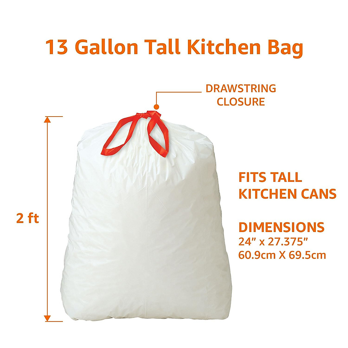 Amazon Basics Tall Kitchen Drawstring Trash Bags, 13 Gallon, 120 Count (Previously Solimo)