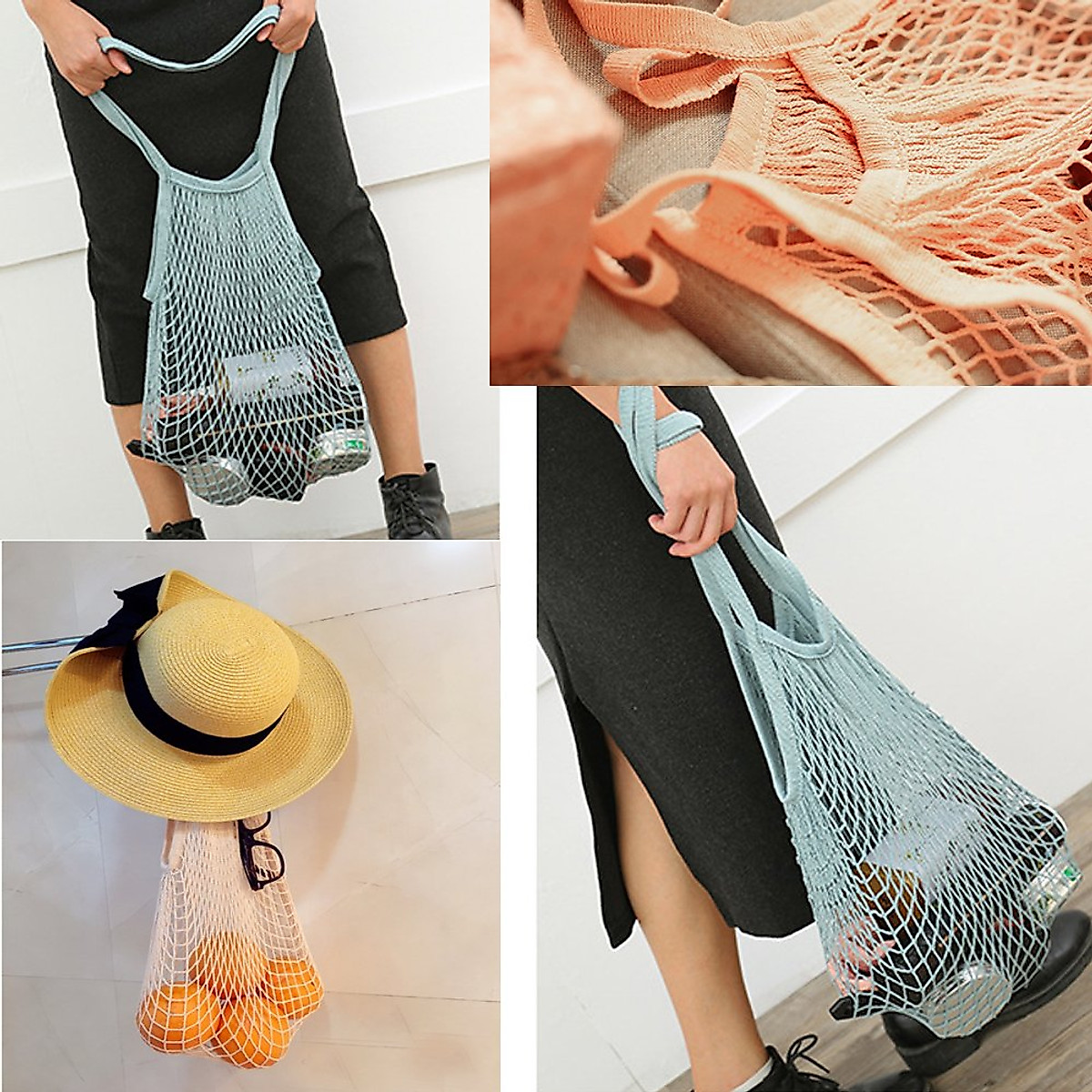 YEKEYI 2Pcs Portable Reusable Mesh Cotton Net String Bag Organizer Shopping Tote Handbag Fruit Storage Shopper NEW (BLACK,BEIGE)
