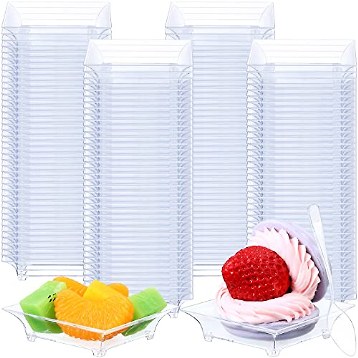300 Pieces Mini Dessert Plates with 300 Tasting Spoons,1 oz Clear Appetizer Plates 2.4x2.4 Inch Disposable Plastic Cake Plates for Dessert Ice Cream Fruit Salad Cake Tastings Wedding Party Serving