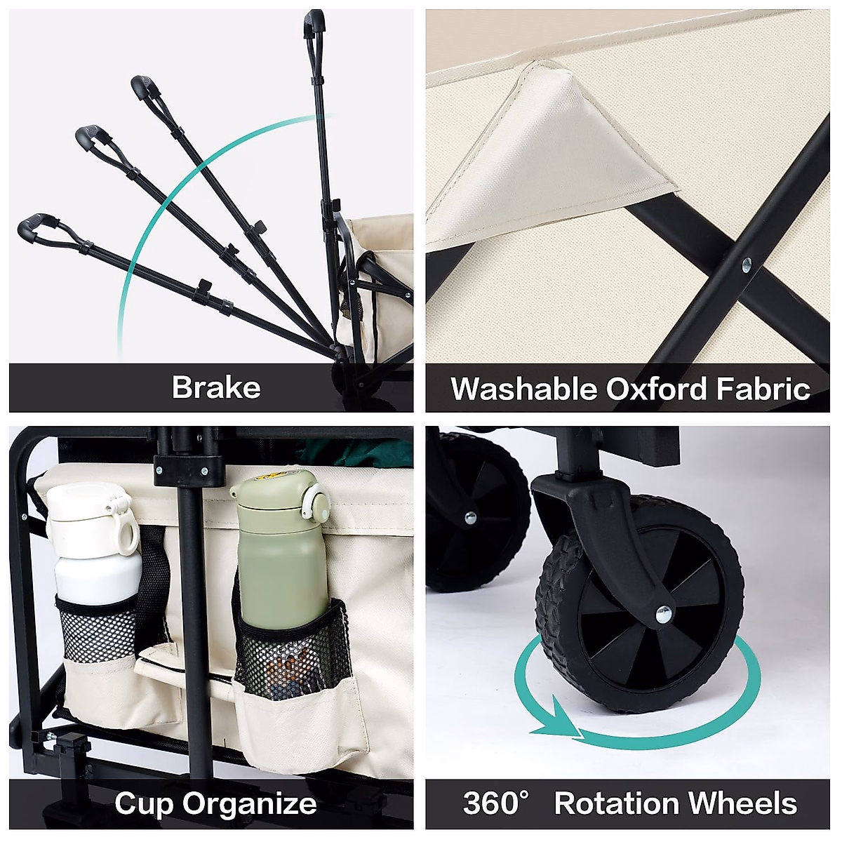 Collapsible Folding Wagon, Outdoor Beach Wagon, Collapsible Wagon Heavy Duty with Two Drink Holders, Wagon Cart with Wheels Foldable for Camping Shopping Sports