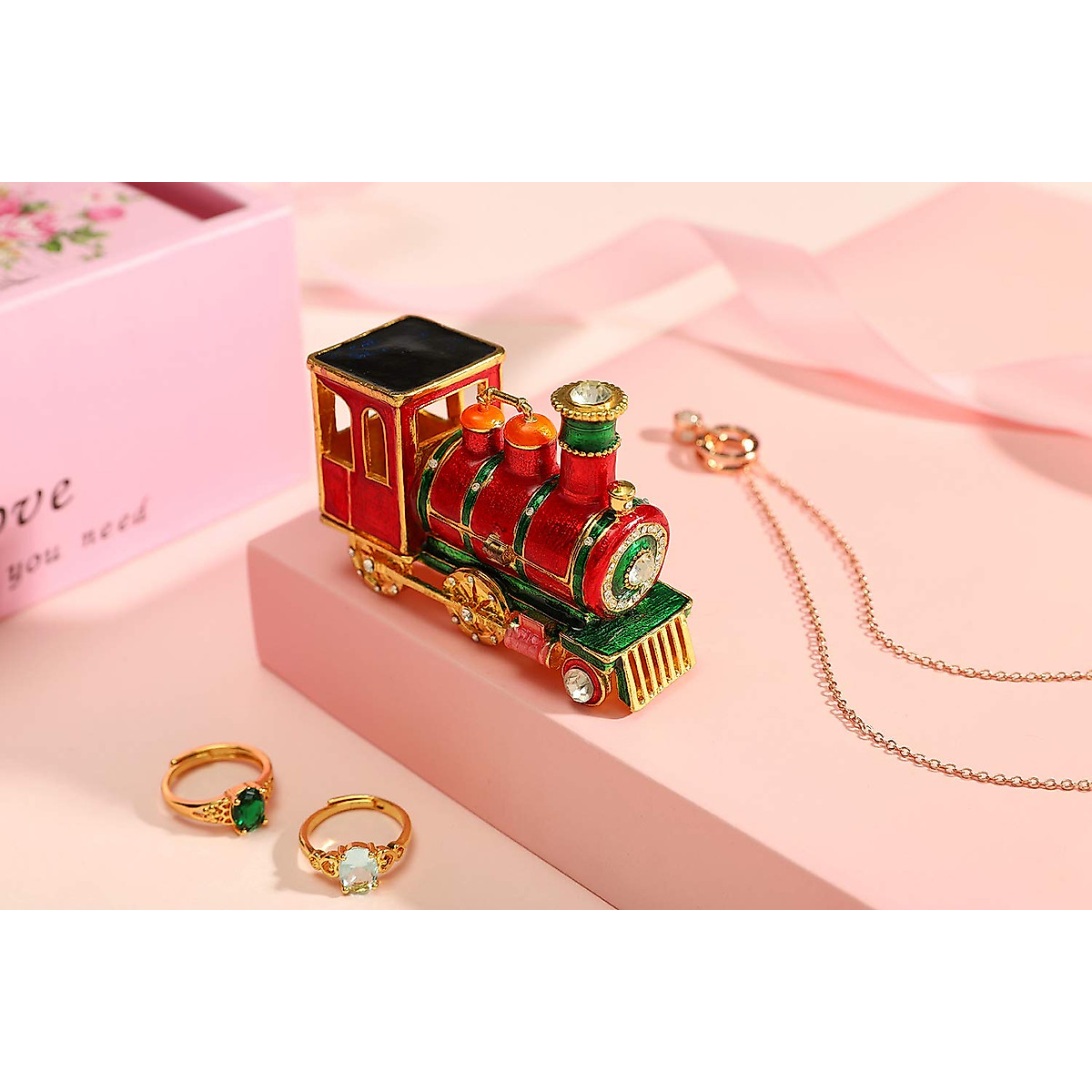 Furuida Mini Steam Train Jewelry Trinket Box Hinged Enameled Crystal Ornaments Gift for Home Decor