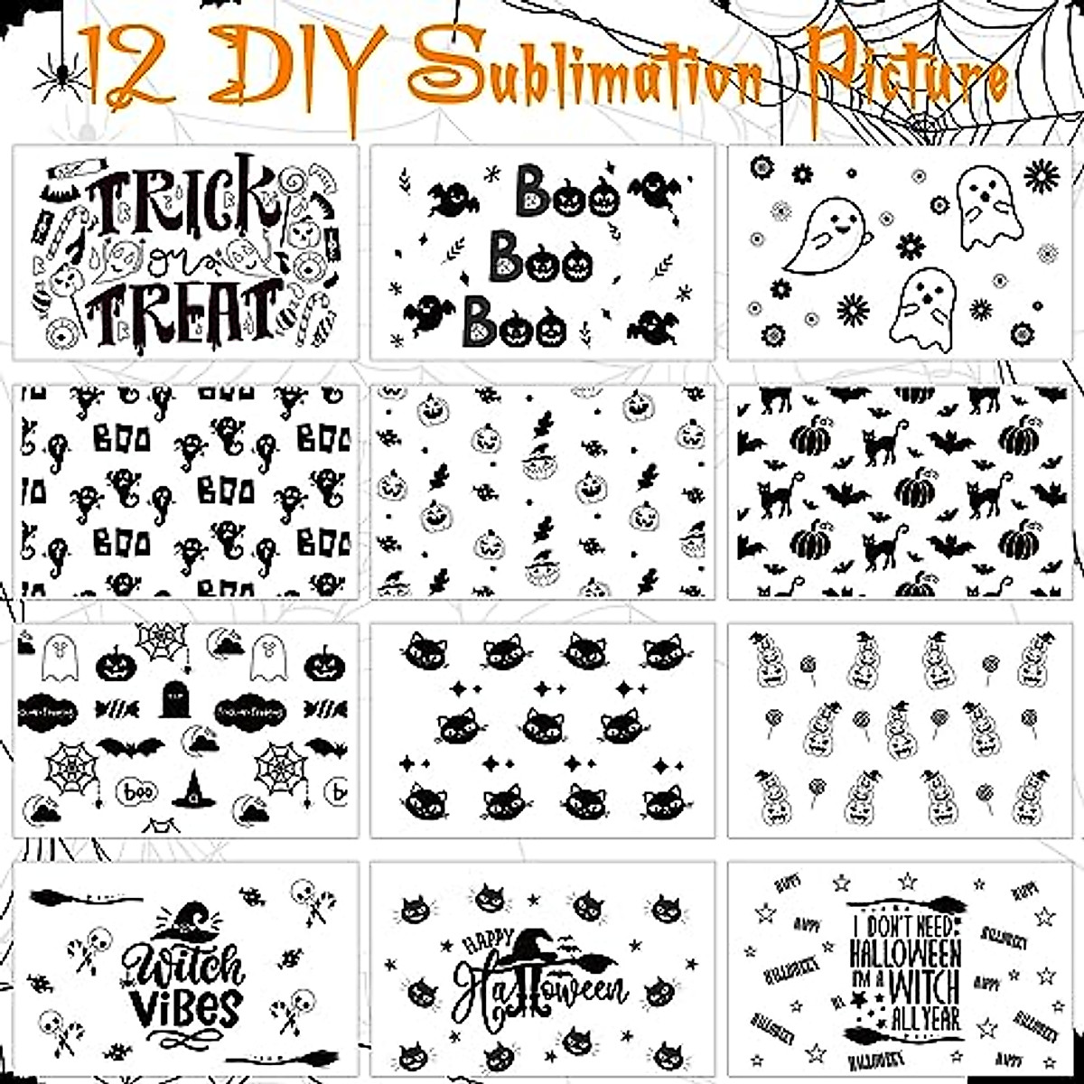 Dandat 8 Pack Halloween Glass Cups 16 oz with 12 Pcs Sublimation Picture for DIY Blank pumpkins Iced Coffee Beer Can with Lids and Straws Tumbler Mason Jar Cups Mug Drinking Borosilicate Glass