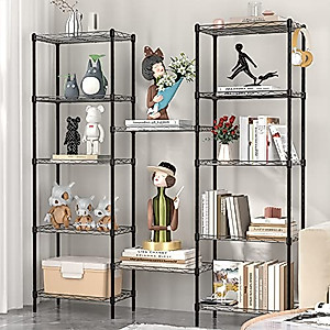 azamine 6-Tier Storage Shelves, Metal Storage Rack Adjustable Shelving Unit with 4 Hooks for Pantry Laundry Bathroom Kitchen Closet (21L x 11W x 70H, Black)