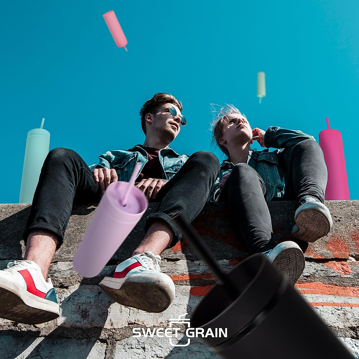 sweet grain Multicolor Skinny Tumblers with Lids and Straws(6 Pack) - 16oz Matte Pastel Colored Skinny Acrylic Tumblers, Double Wall Plastic Tall Skinny Tumblers Bulk for Cold Hot Drinks