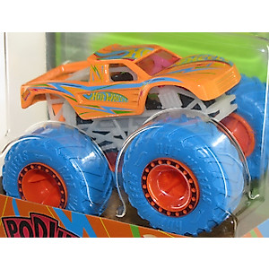 Hot Wheels 2022 Monster Trucks 1:64 Scale Diecast Glow in The Dark Podium Crasher, Orange with Blue Wheels