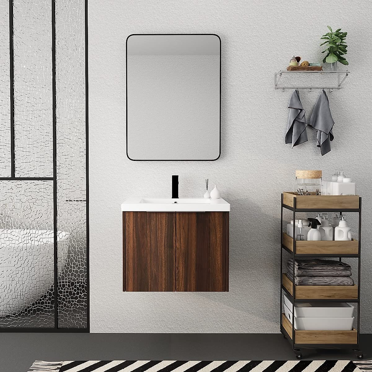 24-Inch Wall Mounted Bathroom Vanity with Sink Combo Modern Single Bathroom Vanity Set with Top Resin Sink & Storage Cabinet Wood Hanging Bath Cabinet w/Resin Sink for Bathroom (Walnut-24 Inch)