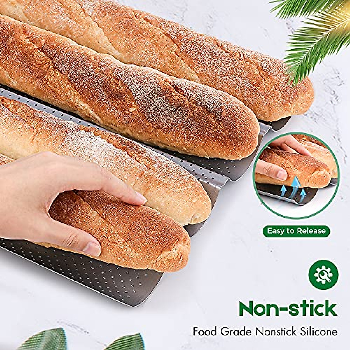 AMAGABELI GARDEN & HOME Nonstick Perforated Baguette Pan 15" x 13" for French Bread Baking 4 Wave Loaves Loaf Bake Mold Toast Cooking Bakers Molding 4 Gutter Oven Toaster Pan Cloche Waves Silver