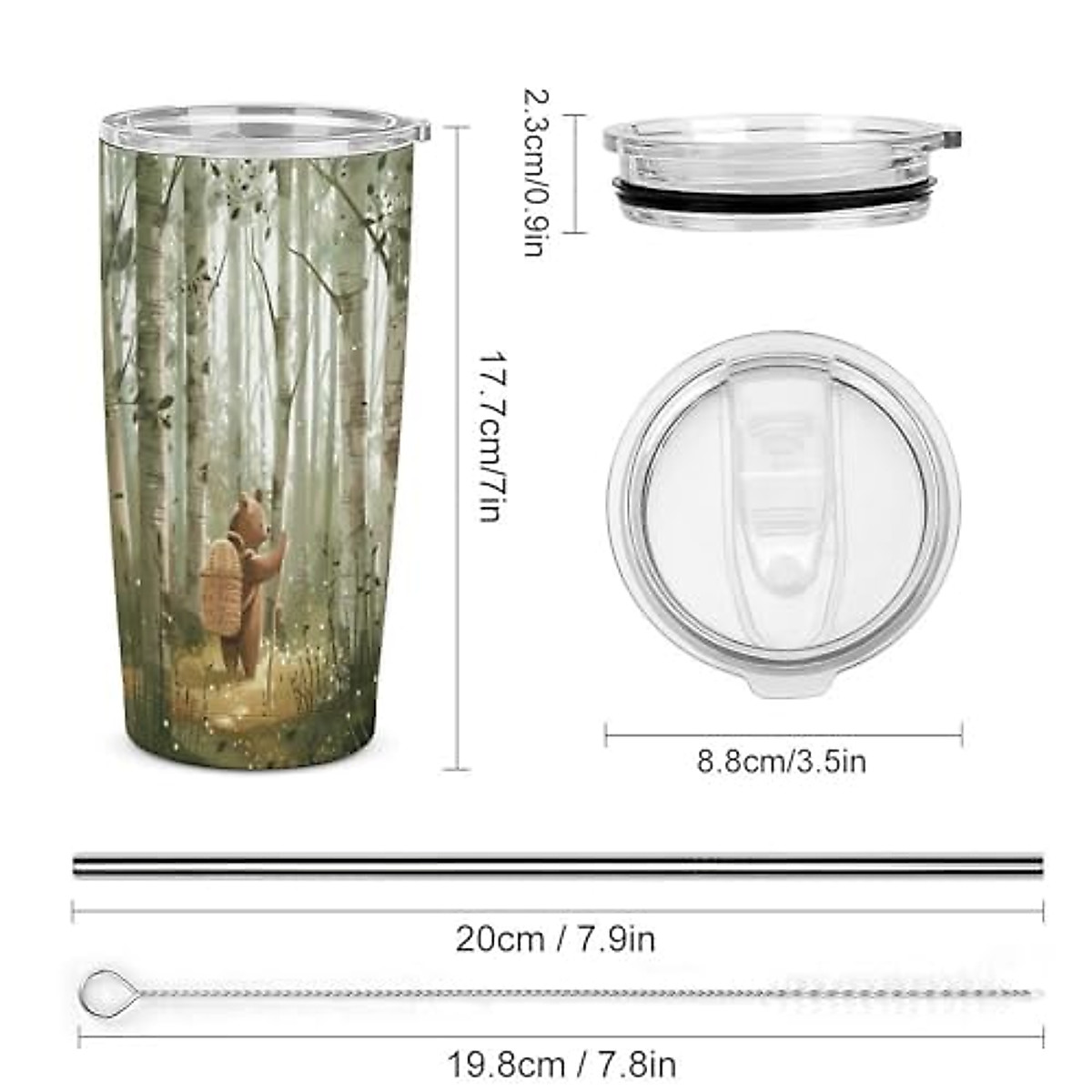 LLJEYOU Bear Hike Birch Forest Tumbler Insulated Stainless Steel Travel Tumbler Car Cup with Lid with Straw And Brush 590ml