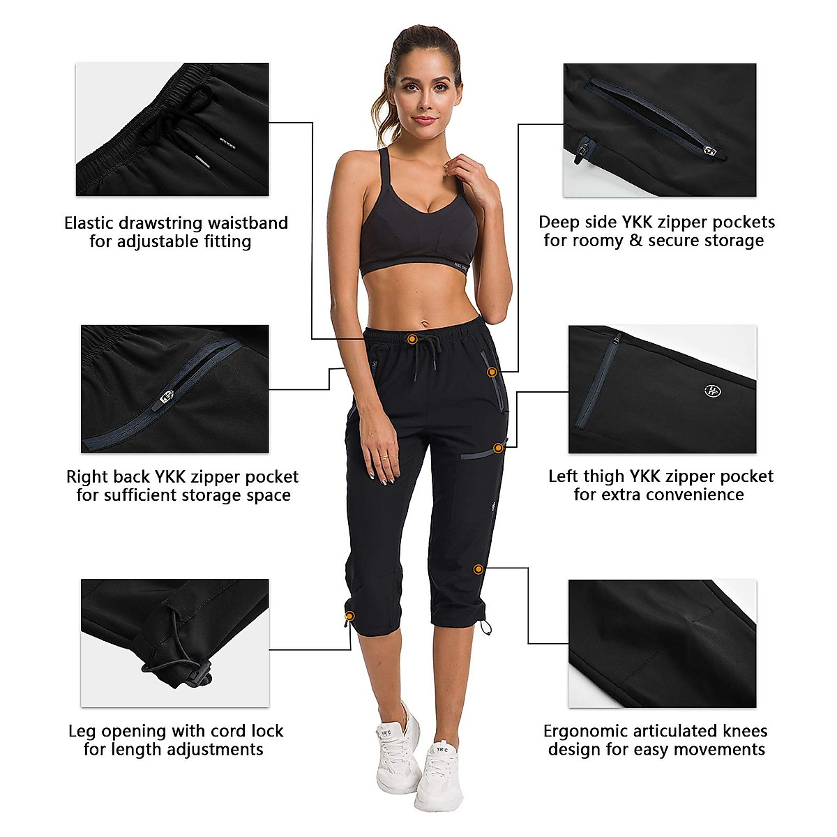 ChinFun Women's Hiking Capris Pants Outdoor Quick Dry Cargo Cropped Pants Water Resistant UPF 50+ Black XL