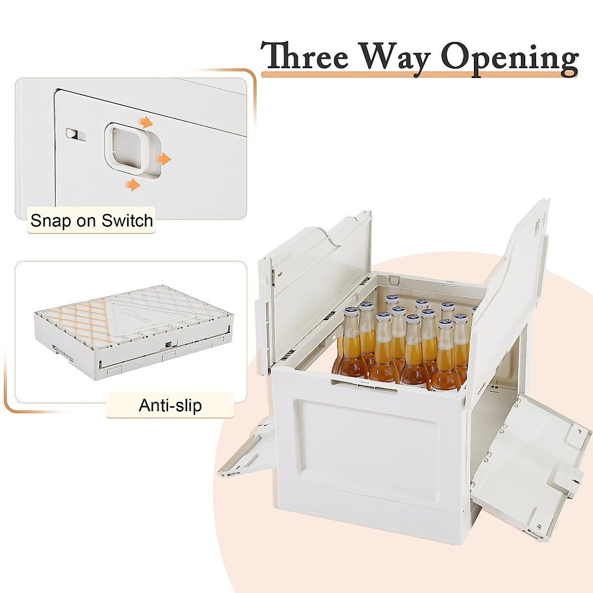 VECELO Collapsible Storage Bins with Lids, 55 Qt Large Foldable Plastic Box with Handles, Foldable Folding Camping Box with 2 Side Doors, Portable Storage Box for Camping, Outdoor/indoor, Beige